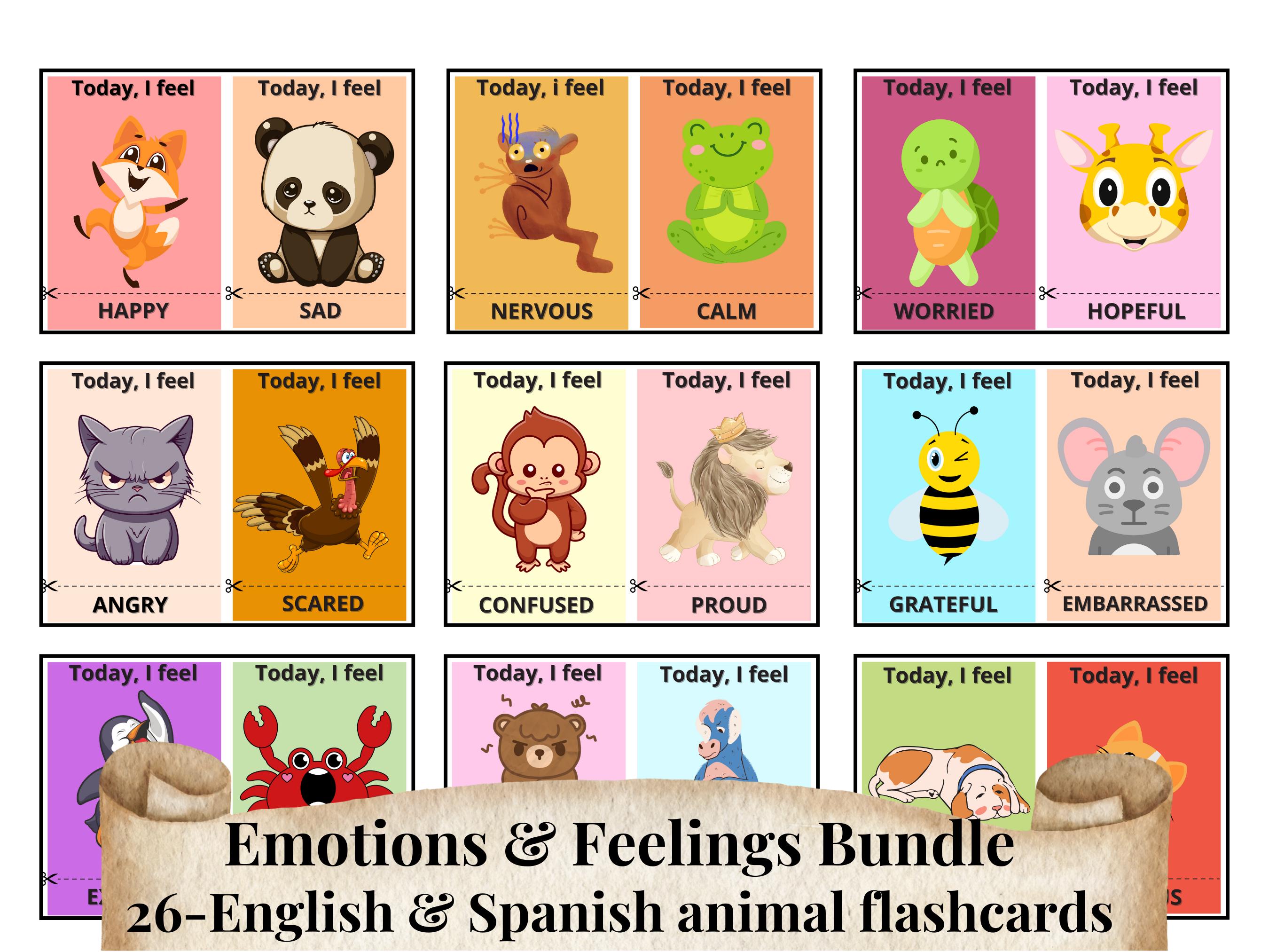 Kids Emotions Feelings Bundle | Animal Flashcards (english & Spanish ...