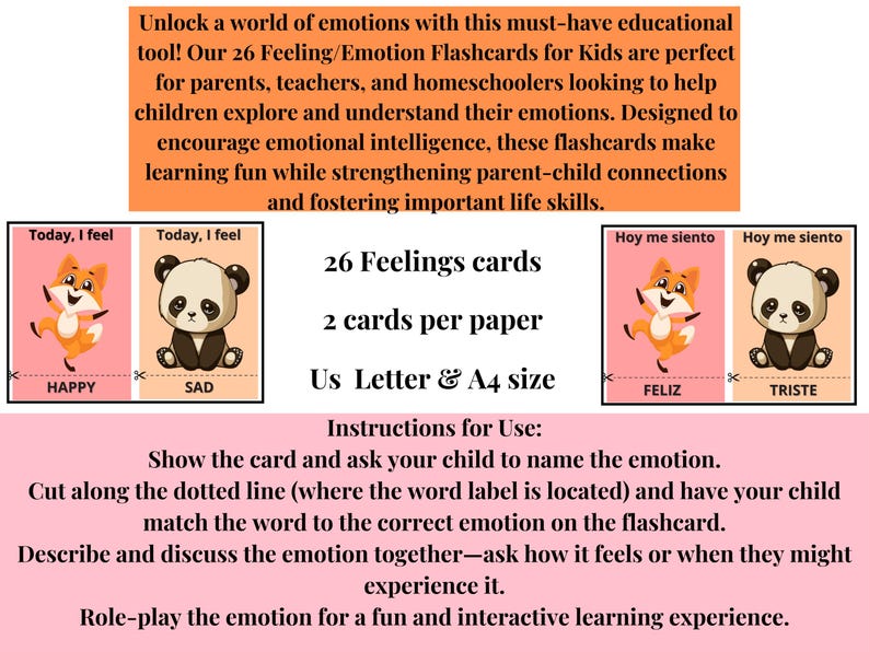 Kids Emotions Feelings Bundle | Animal Flashcards (english & Spanish ...