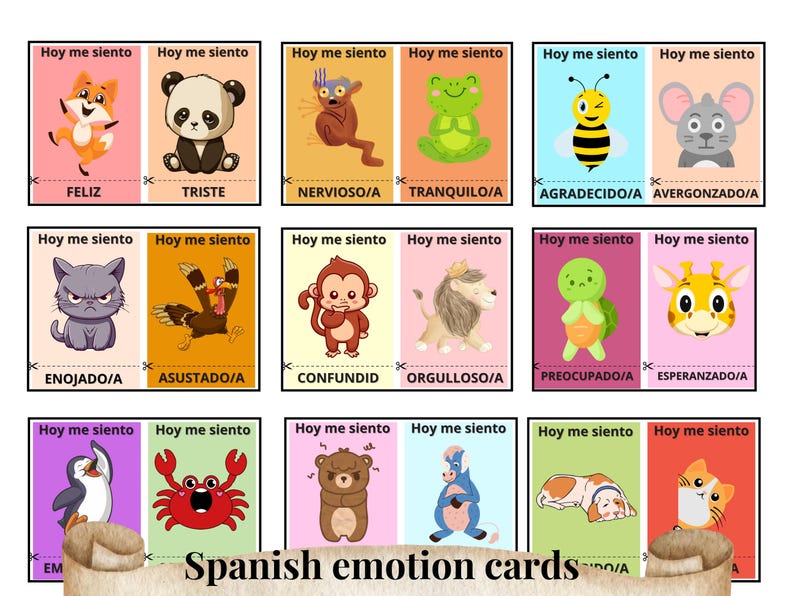 Kids Emotions Feelings Bundle | Animal Flashcards (english & Spanish ...