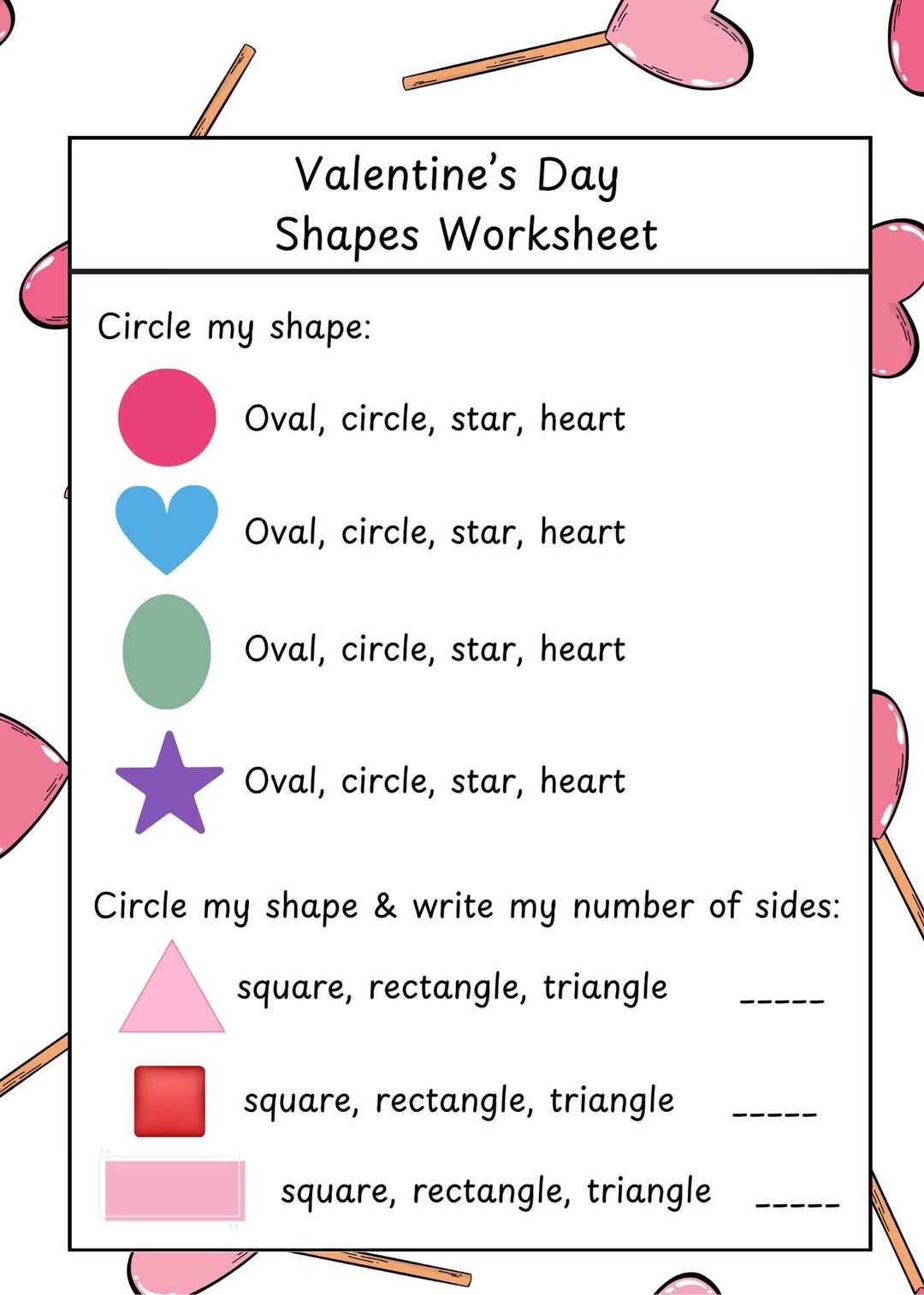 Valentines Day Shapes Worksheet Identify Shapes for Kids, Kids ...