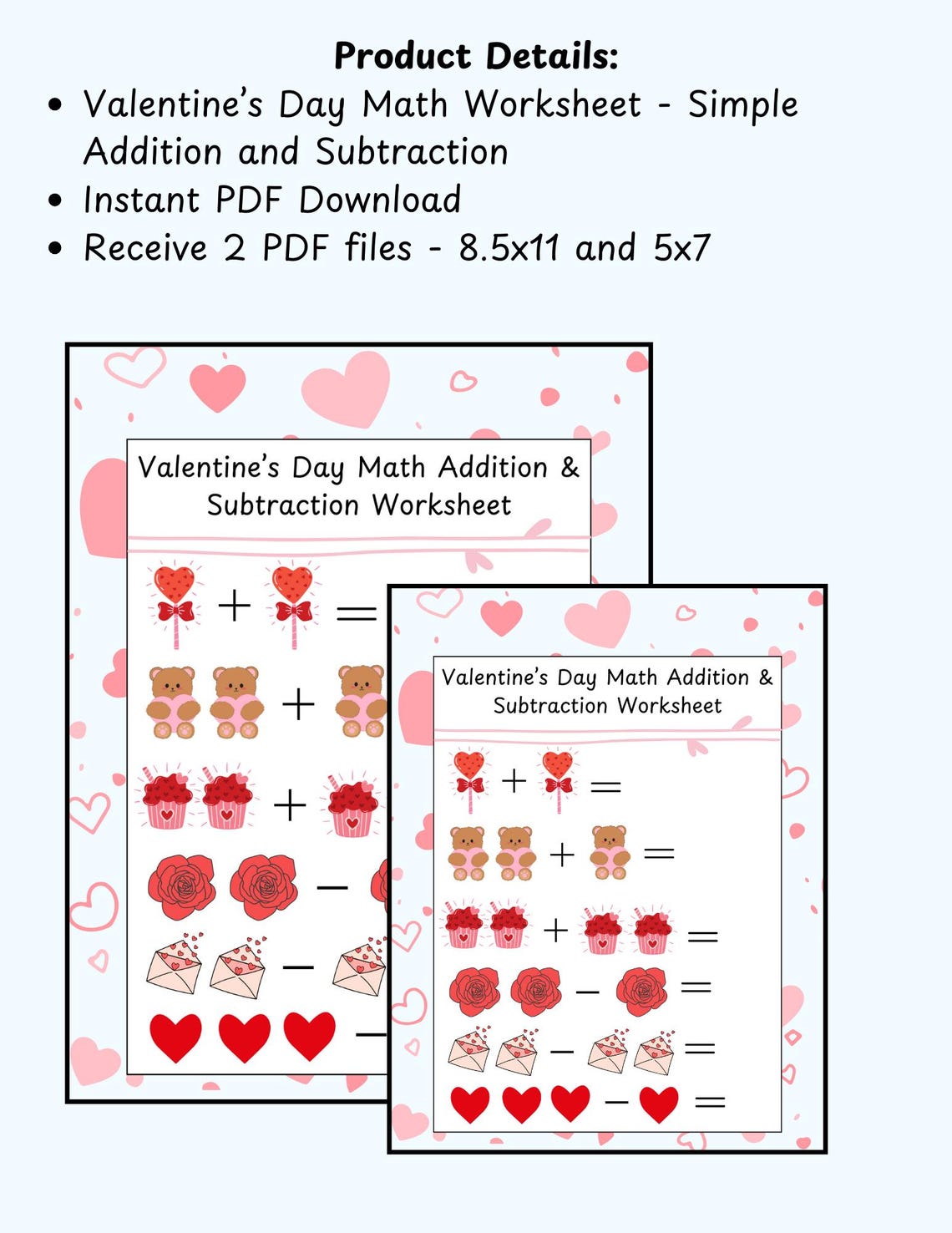 Valentines Day Printable Math Worksheet - Addition and Subtraction for ...