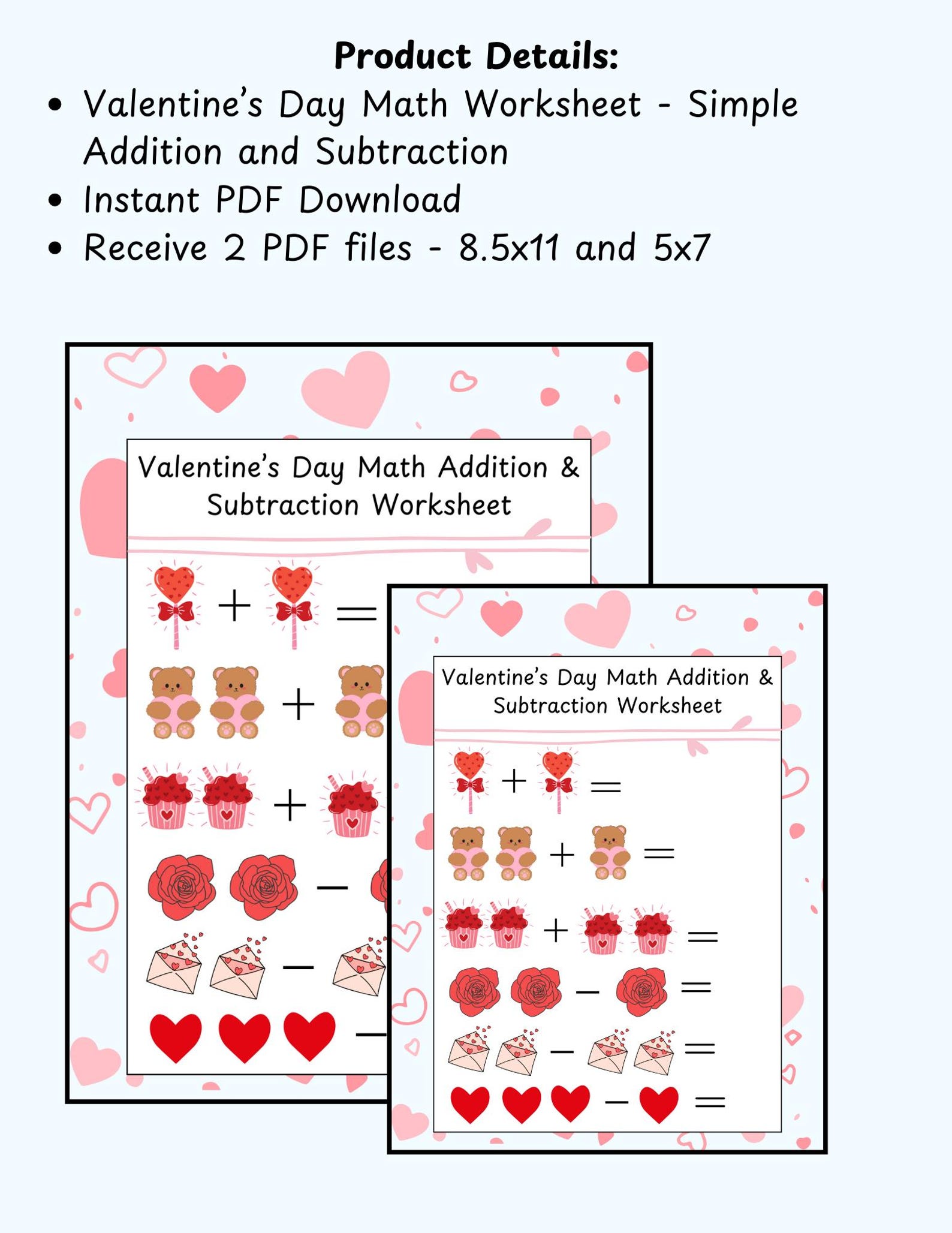 Valentines Day Printable Math Worksheet - Addition and Subtraction for ...