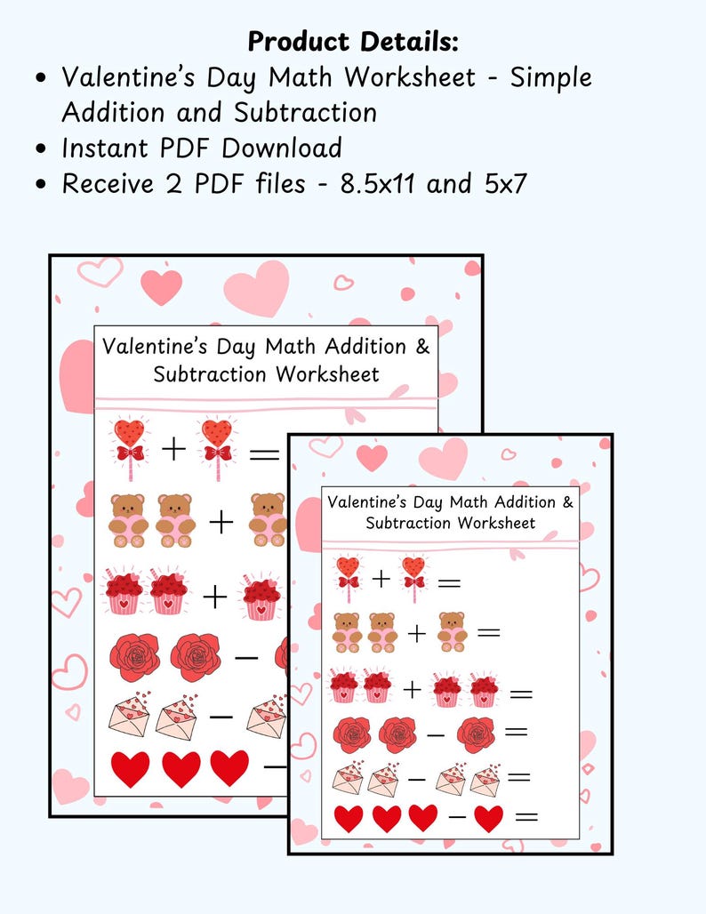 Valentines Day Printable Math Worksheet - Addition and Subtraction for ...