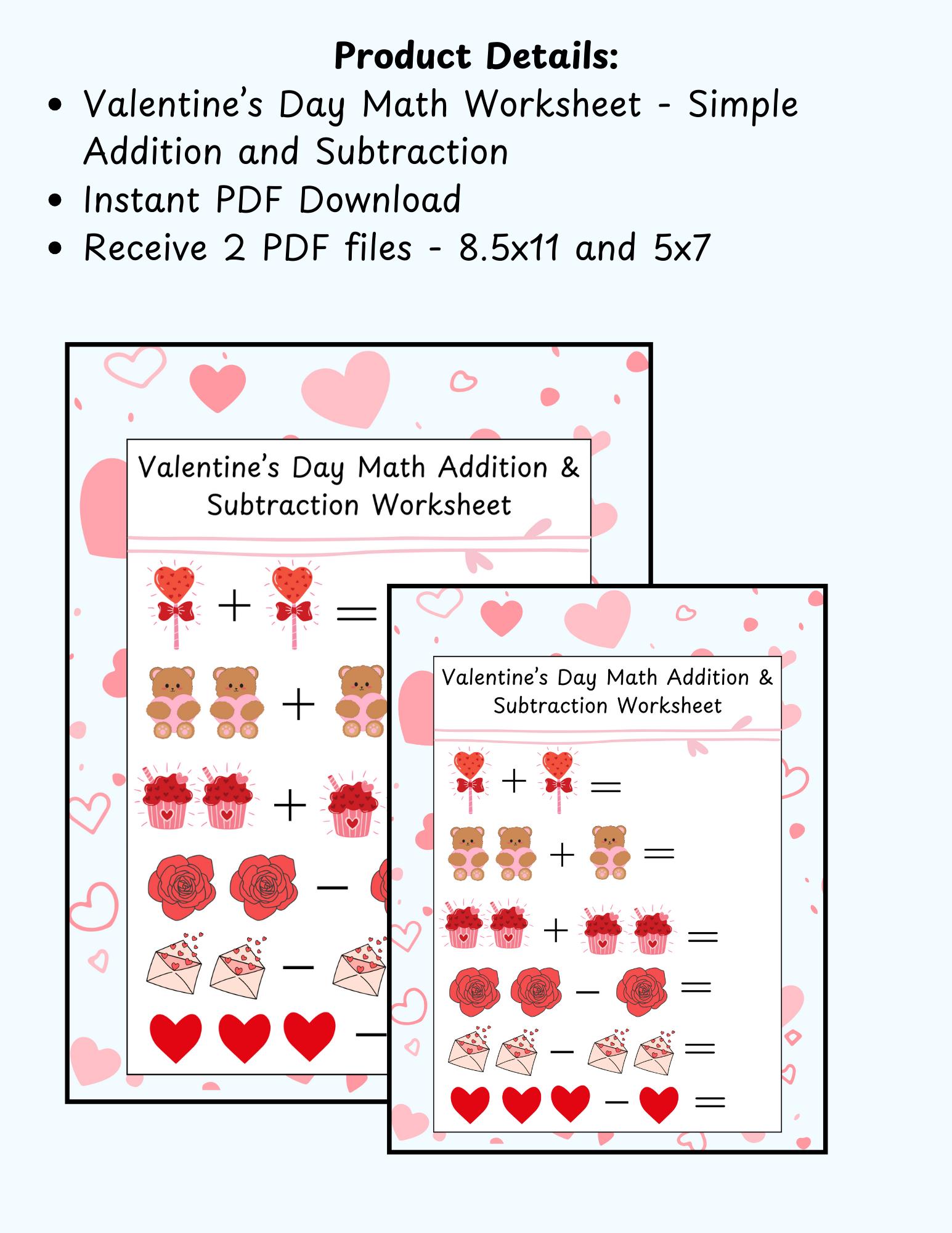 Valentines Day Printable Math Worksheet - Addition and Subtraction for ...