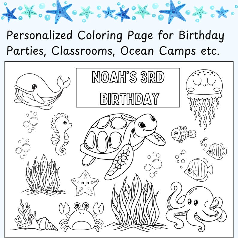 Personalized Coloring Page - Ocean Coloring Page - Ocean Birthday Party ...