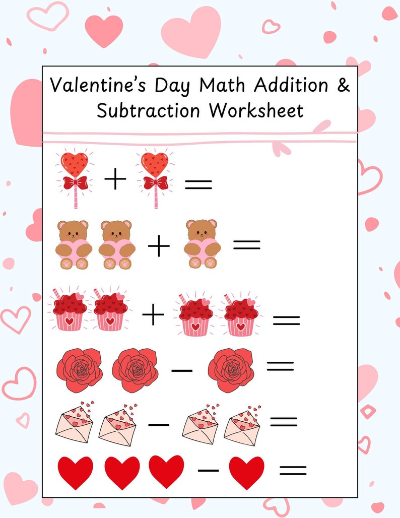 Valentines Day Printable Math Worksheet - Addition and Subtraction for ...