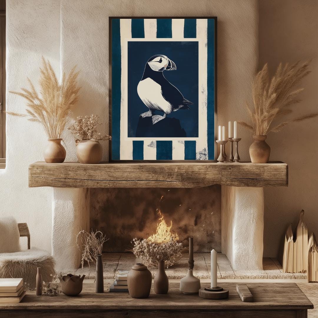 Puffin Art Print, Coastal Wall Art, Nautical Bird Illustration ...