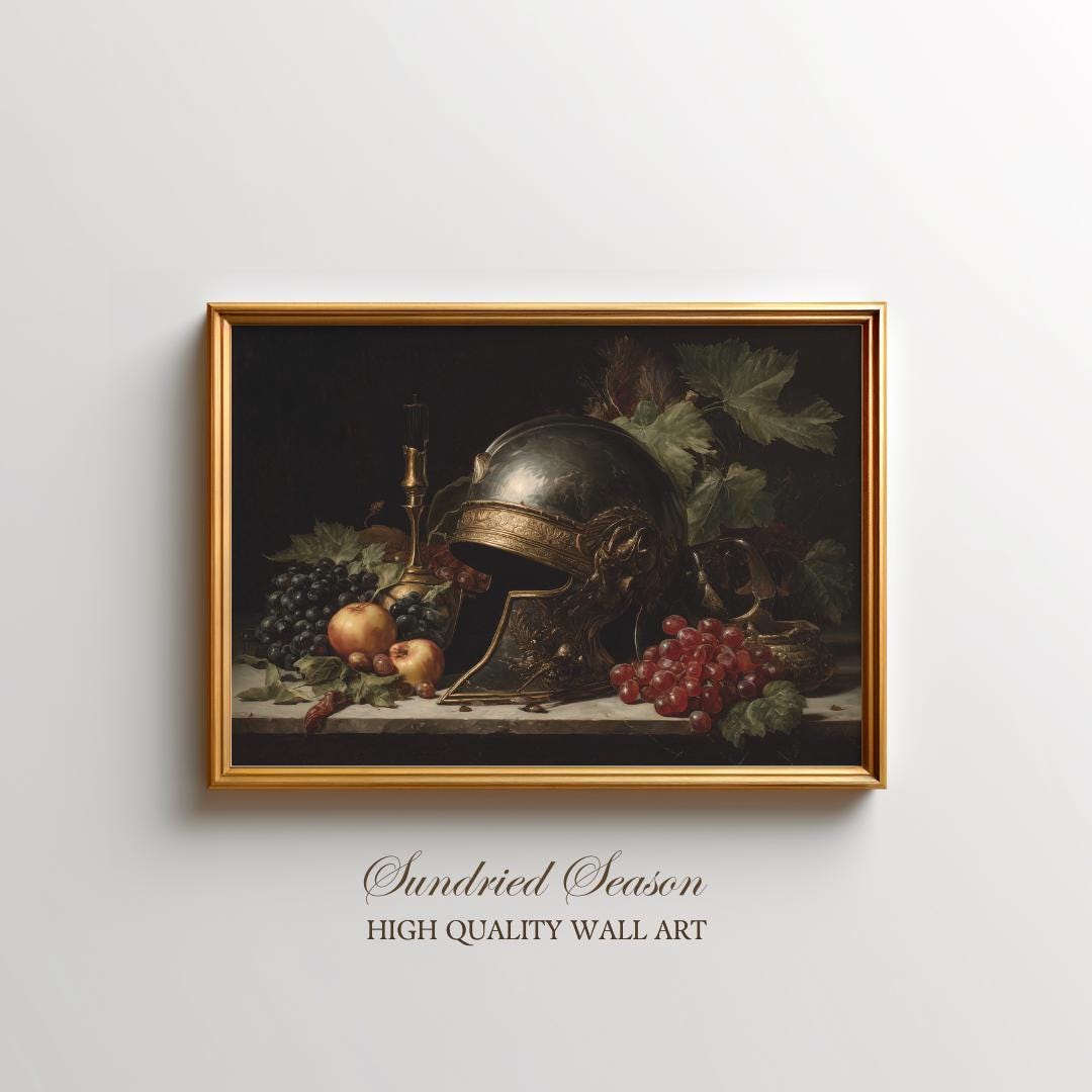 Baroque Still Life With Roman Helmet Oil Painting Print, Vintage Dark ...