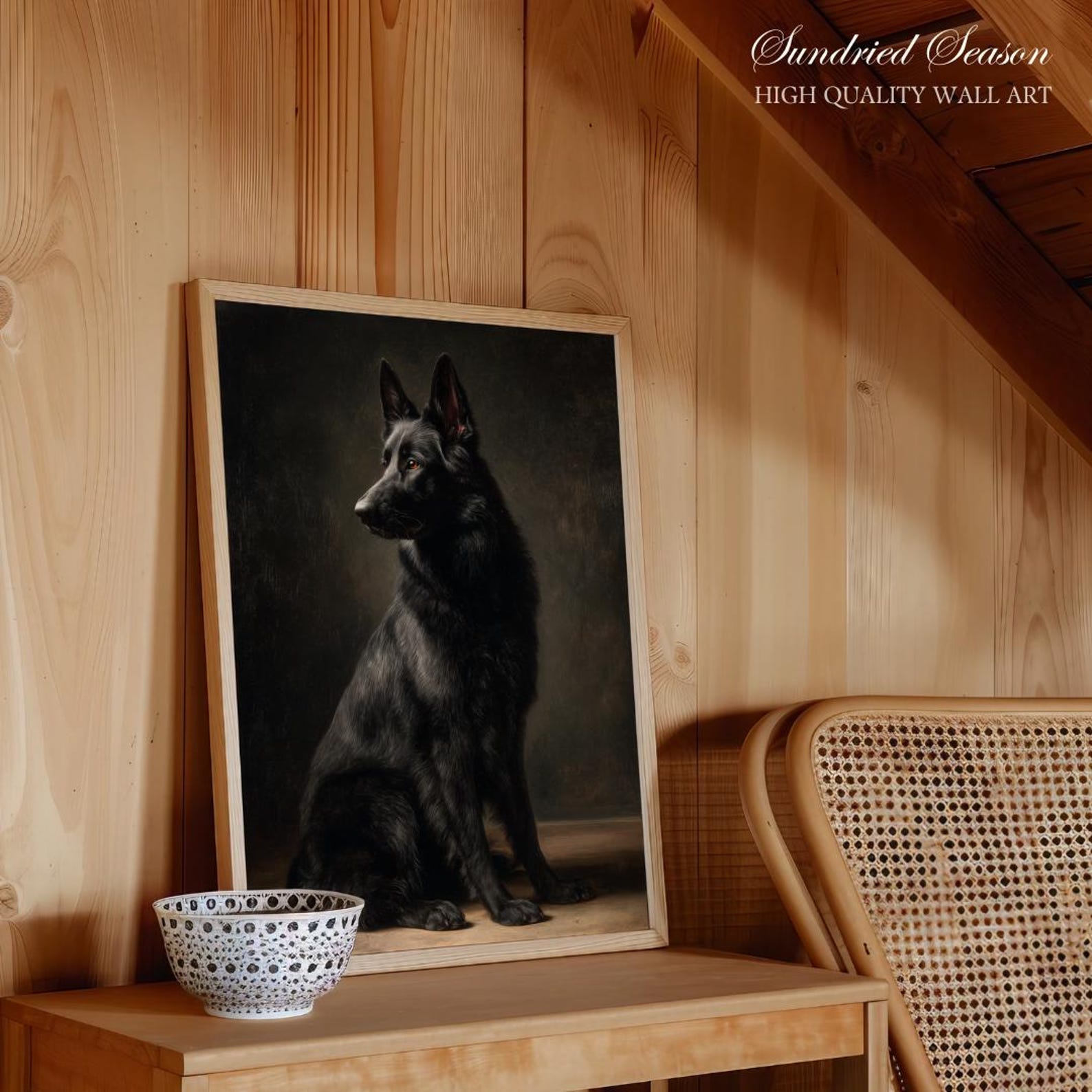 Regal Black German Shepherd Art Print, Classic Oil Style Dog Portrait ...