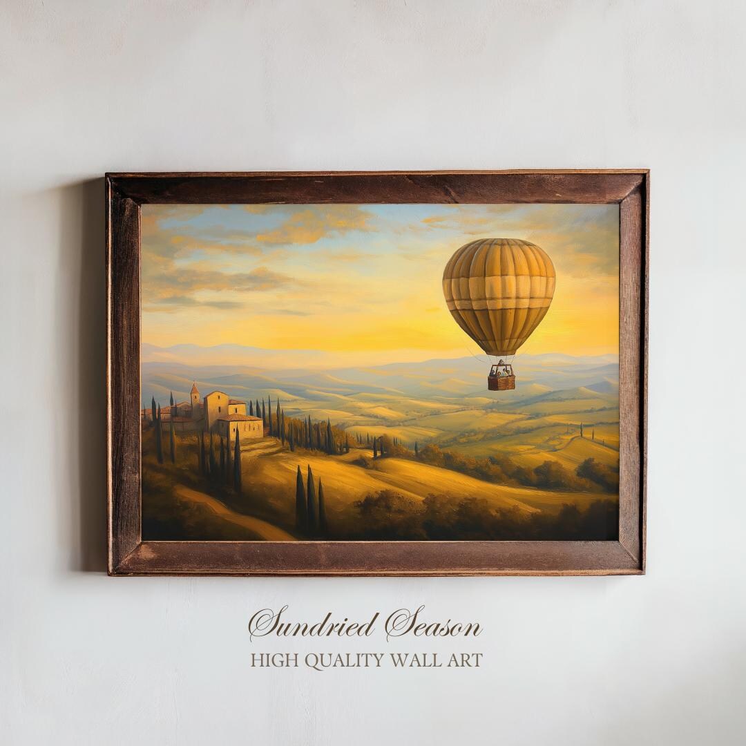 Tuscany Hot Air Balloon Poster, Italian Countryside Wall Art, Golden ...
