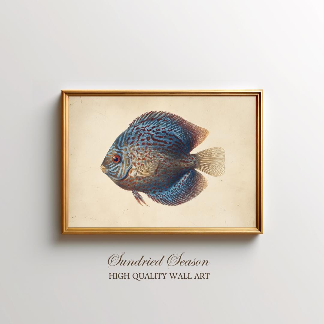 Vintage Discus Fish Illustration Wall Art, Exotic Tropical Aquatic ...