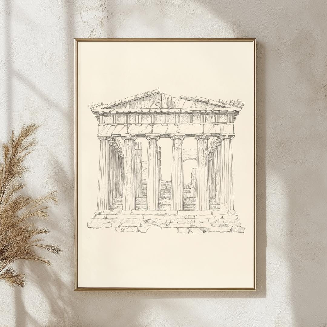 Ancient Greek Temple Sketch Print, Parthenon Architecture Drawing ...