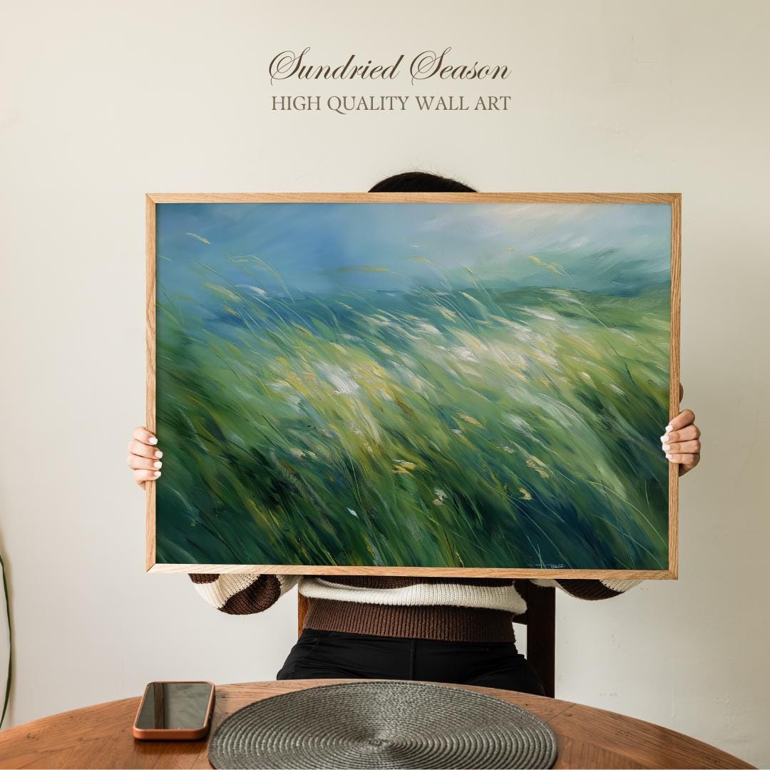 Windswept Grass Field Art Print, Abstract Nature Painting With Lush ...