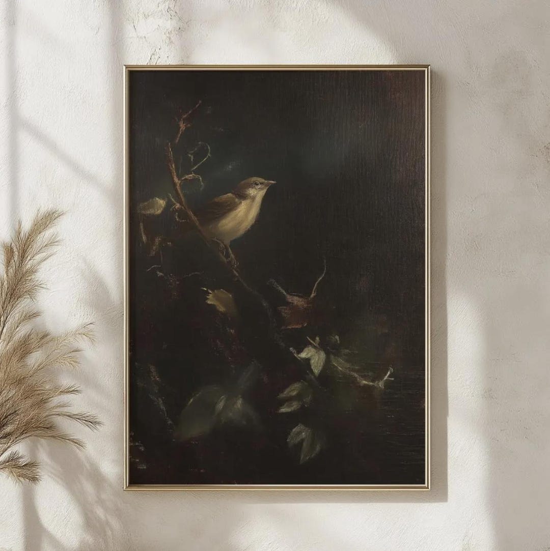 Vintage Nightingale Oil Painting, Dark Baroque Bird Art Print, Moody ...