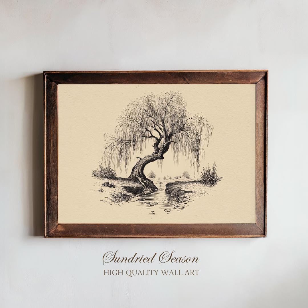 Weeping Willow Tree Vintage Art Print, Melancholic Riverbank ...