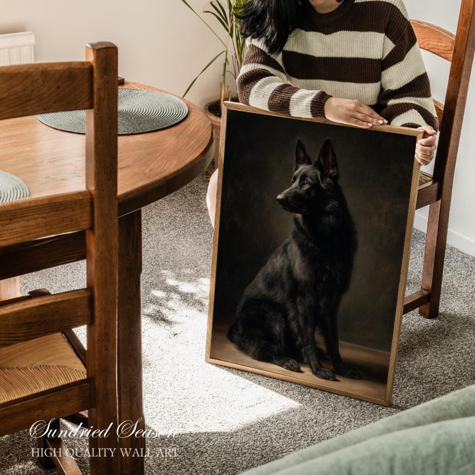 Regal Black German Shepherd Art Print, Classic Oil Style Dog Portrait ...