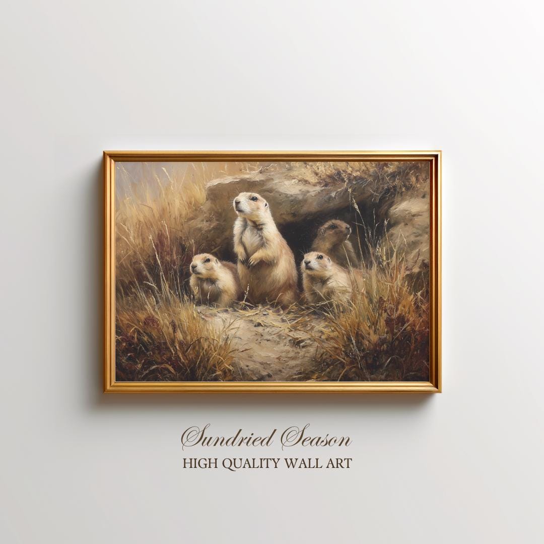 Prairie Dogs at Burrow Art Print, Adorable Wildlife Painting, Rustic ...