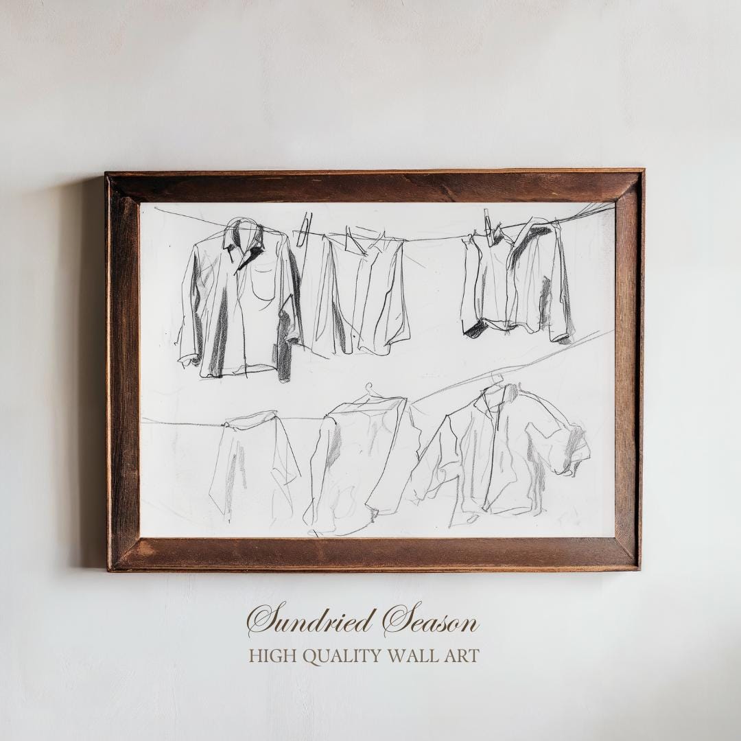Charcoal Laundry Day Drawing Poster, Minimalist Clothesline Wall Art ...