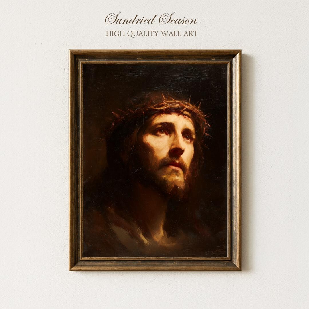 Christ Oil Style Wall Art, Crown of Thorns Religious Print, Dramatic ...
