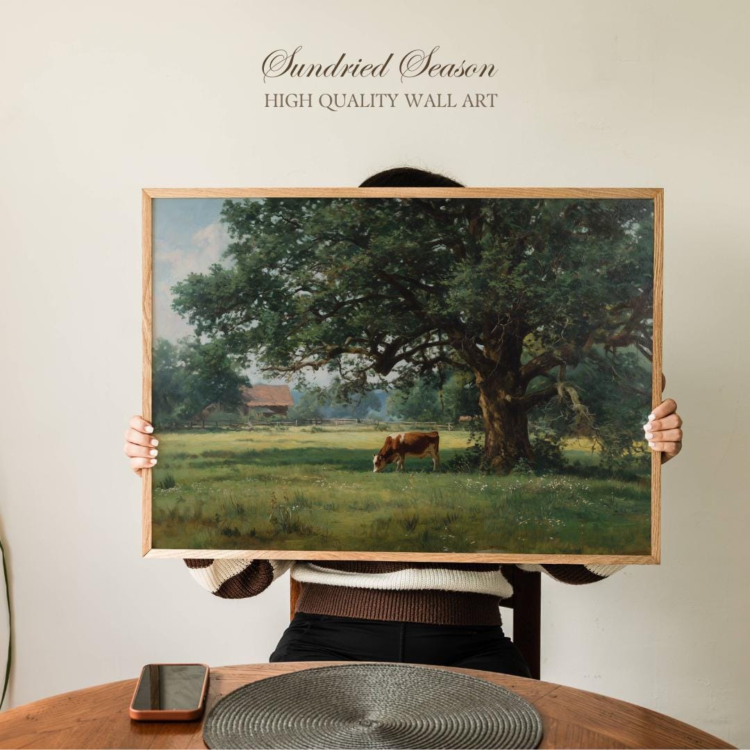 Peaceful Countryside Cow Pasture Art Print, Rustic Farm Landscape With ...