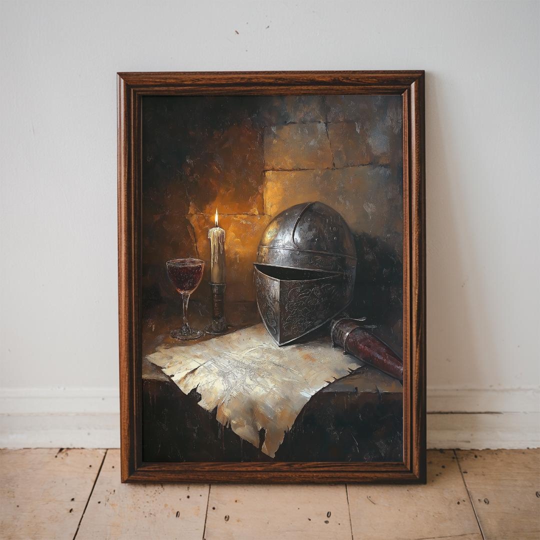 Medieval Knight Still Life Poster, Candlelit Armor and Map Art, Dark ...