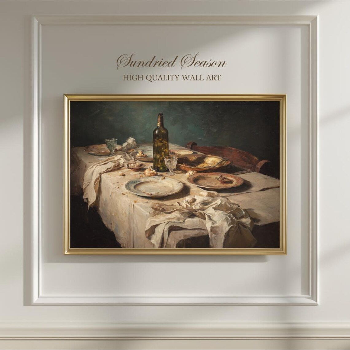 After Dinner Table Art Print, Rustic Still Life With Wine and Crumbs ...
