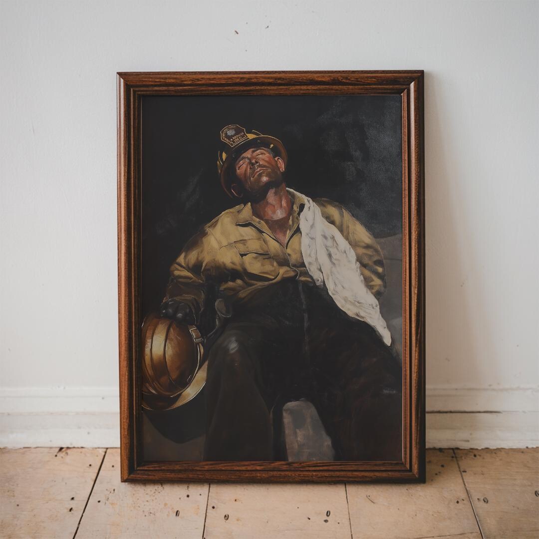 Vintage Firefighter Art Print, Heroic First Responder Painting, Fireman ...