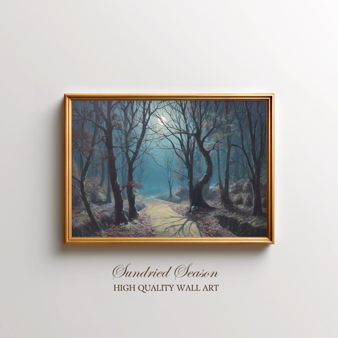 Haunted Forest Trail Art Print, Spooky Moonlit Path Poster, Dark ...