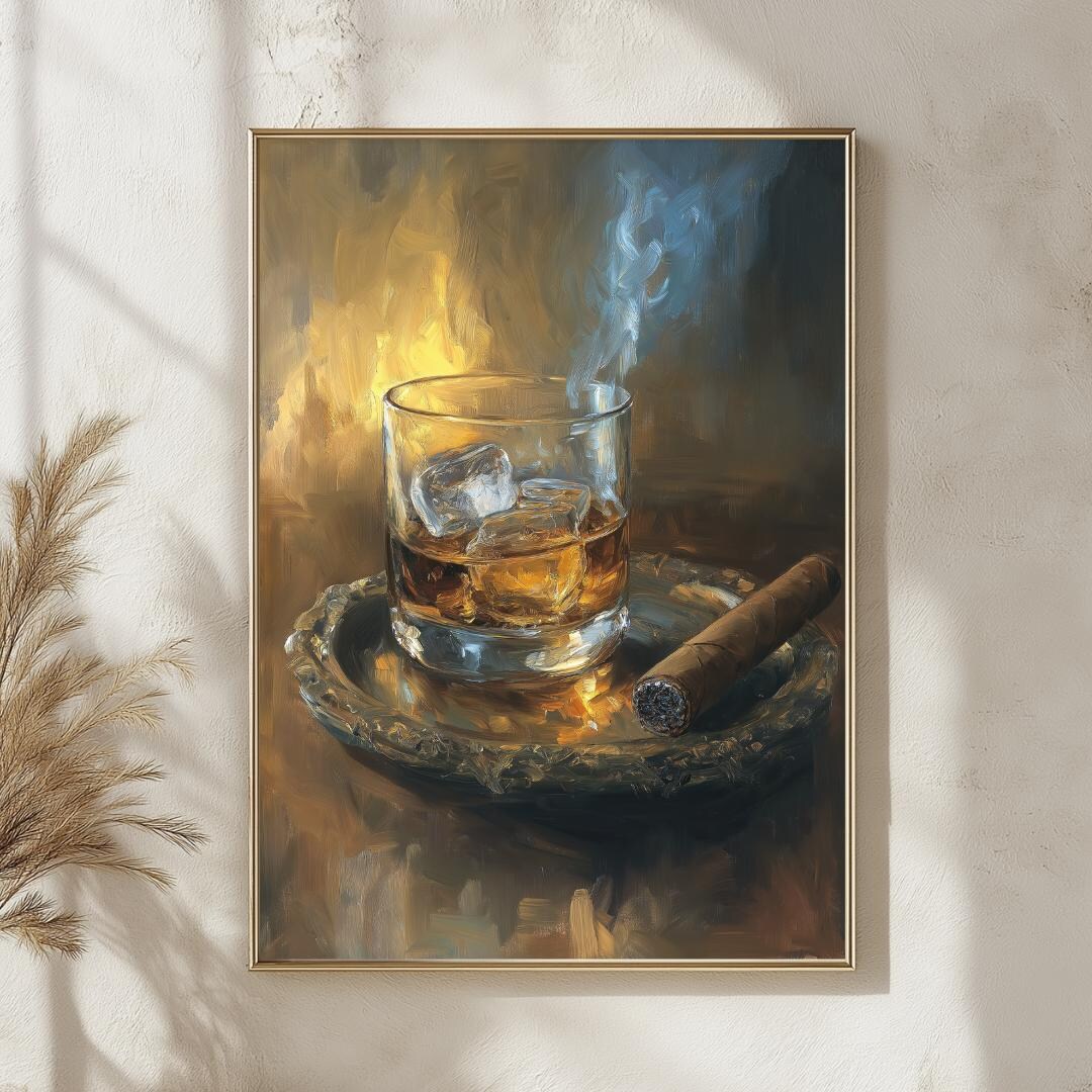 Whiskey and Cigar Poster, Luxury Lounge Wall Art, Still Life Bar Decor ...