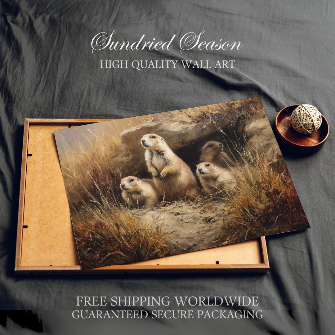 Prairie Dogs at Burrow Art Print, Adorable Wildlife Painting, Rustic ...