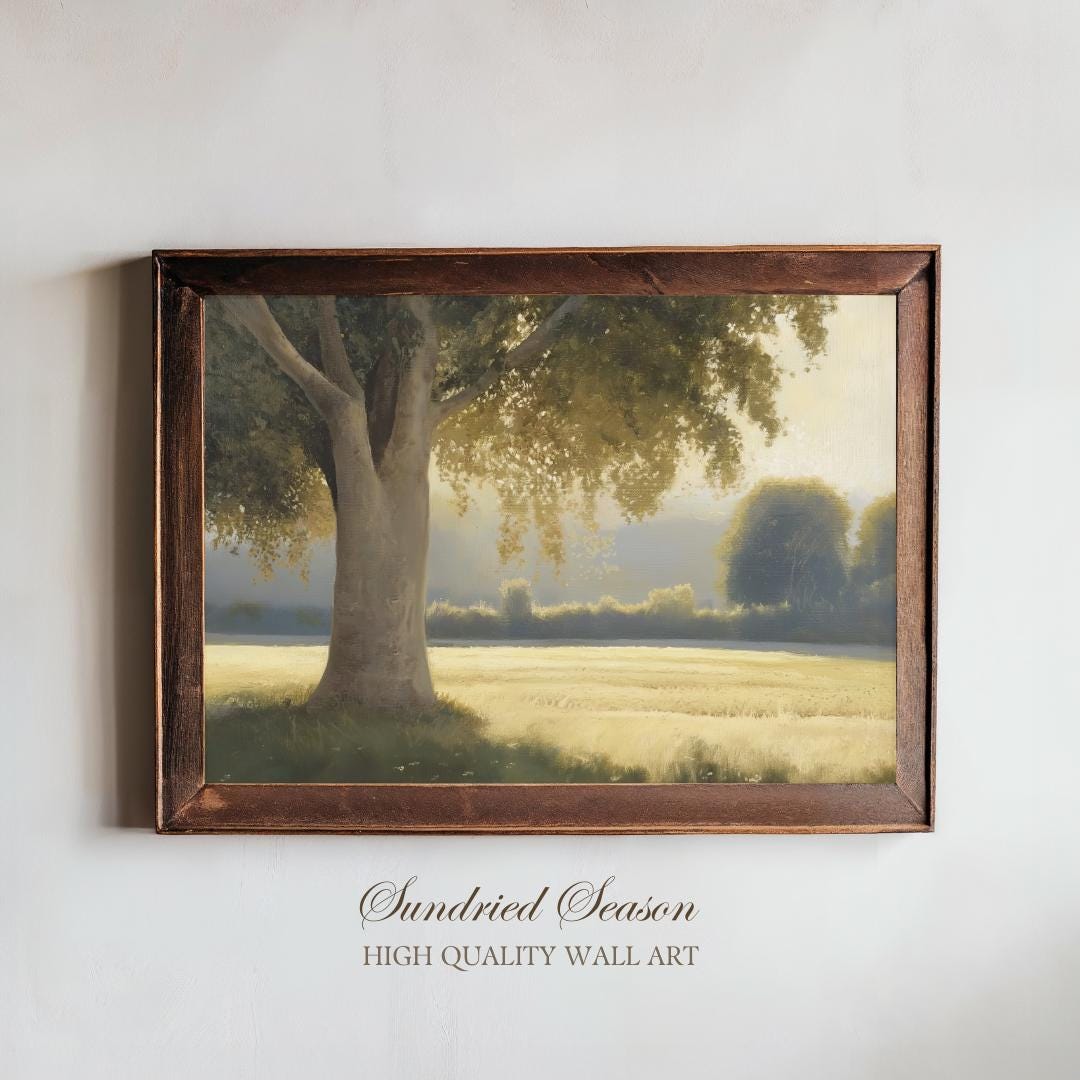 Golden Sycamore Tree Painting Print, Serene Countryside Landscape Wall ...