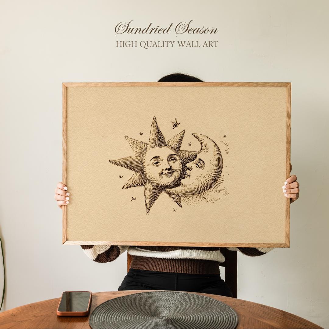 Vintage Sun and Moon Kiss Art Print, Romantic Celestial Lovers ...