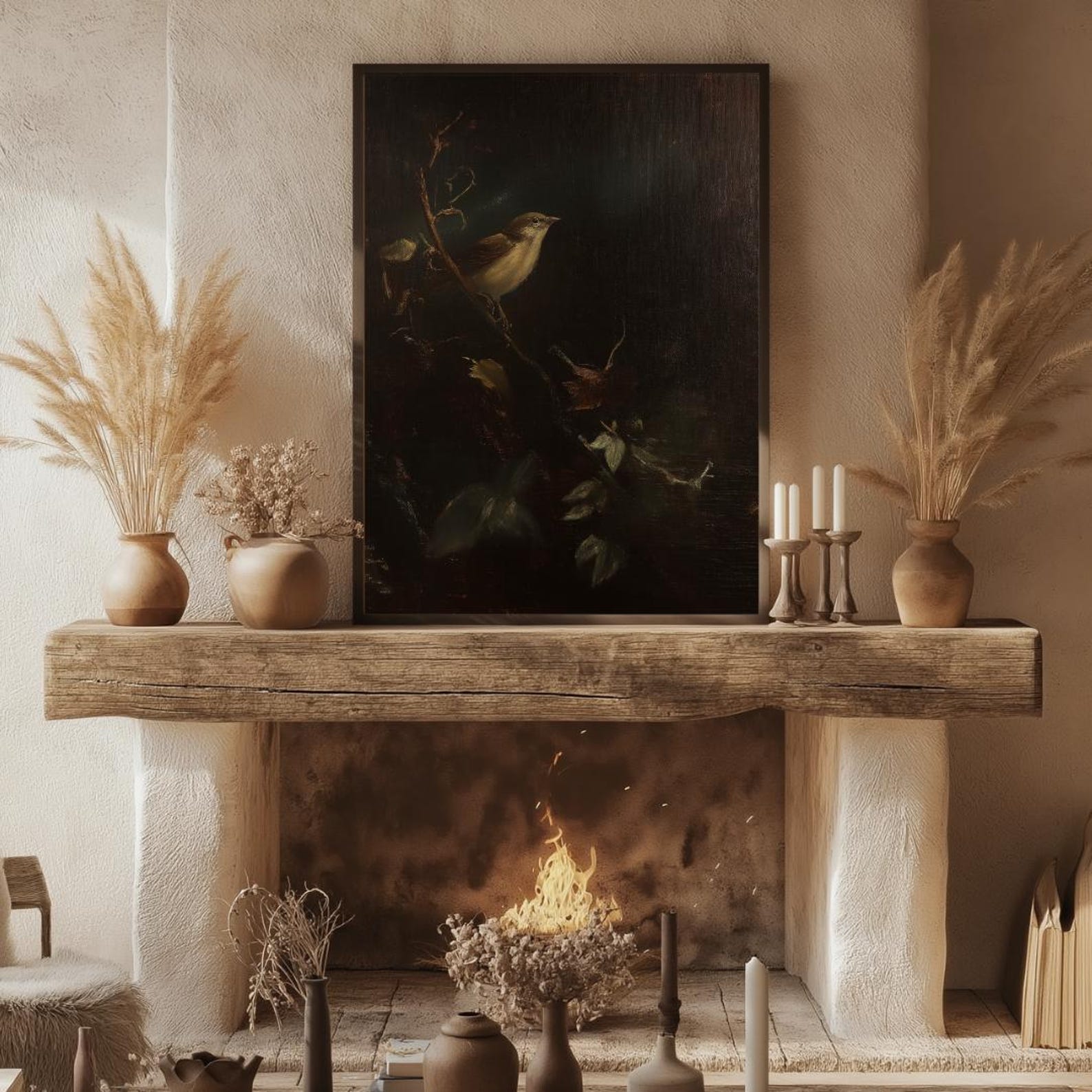 Vintage Nightingale Oil Painting, Dark Baroque Bird Art Print, Moody ...