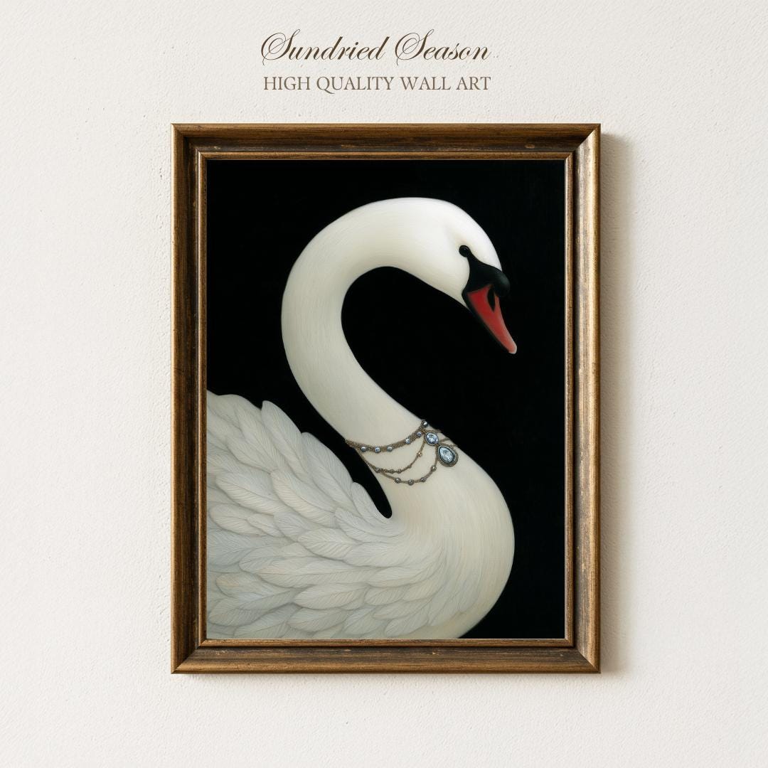 Neoclassical White Swan Art Print, Bird in Jewel Necklace Portrait ...