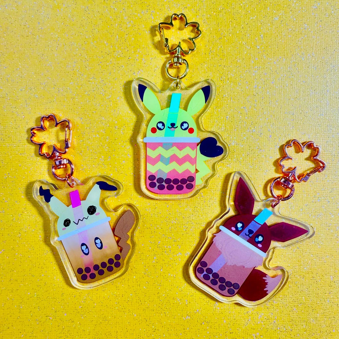 Poke Boba Keychain Kawaii Bubble Tea Pikachu Eevee Mimikyu Cute Acrylic ...