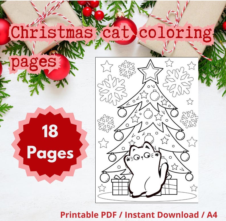 Printable Christmas Cat Coloring Pages - Etsy