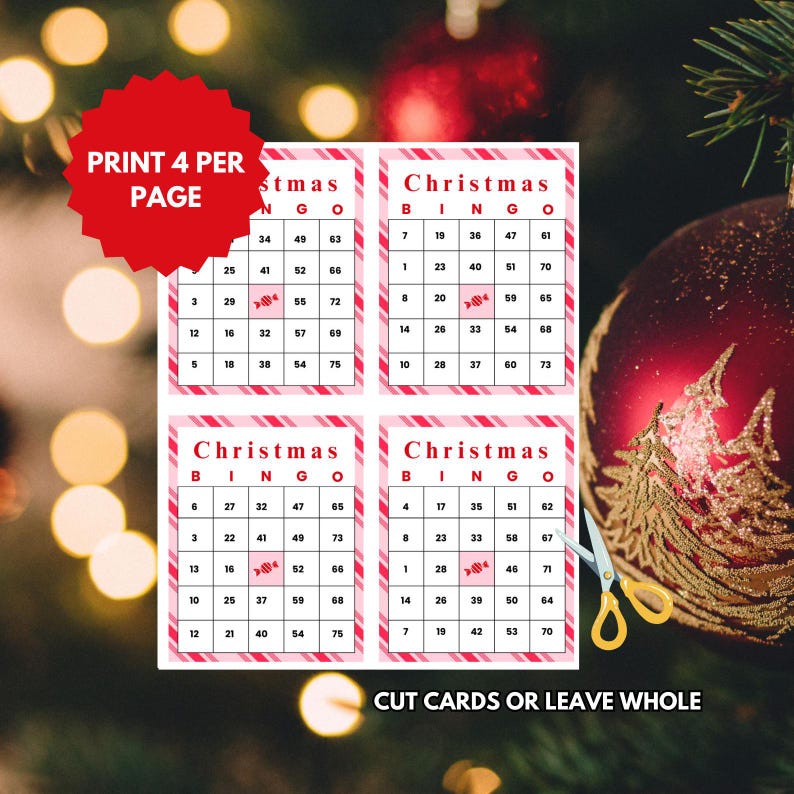 Pink Christmas Bingo Game - A4 Printable Bingo Cards With Numbers (1, 2 ...