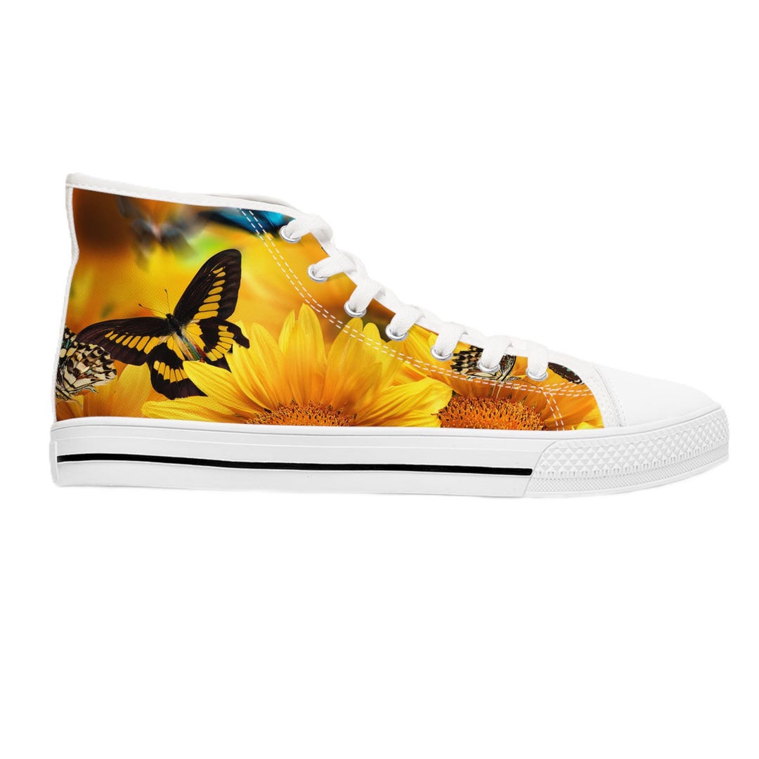 High Top Sunflower Canvas Shoes, Women's Butterfly Print Floral Sneakers Nature-inspired Canvas ...