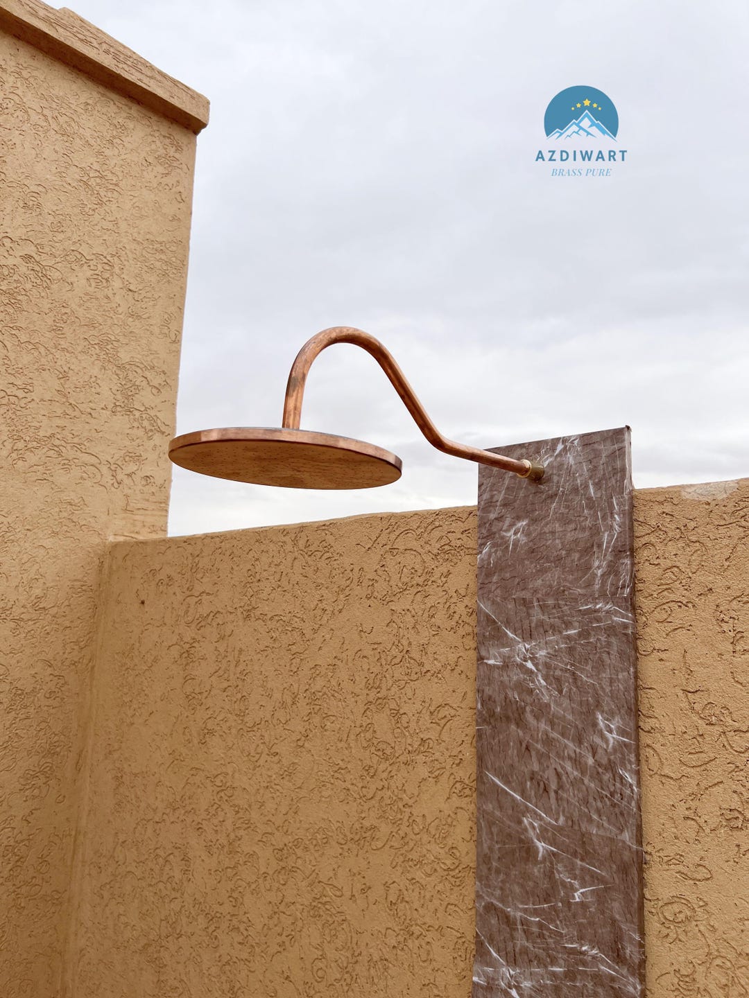 Round Rain Shower Head With Arcuate Arm & Copper Finish, Handmade ...