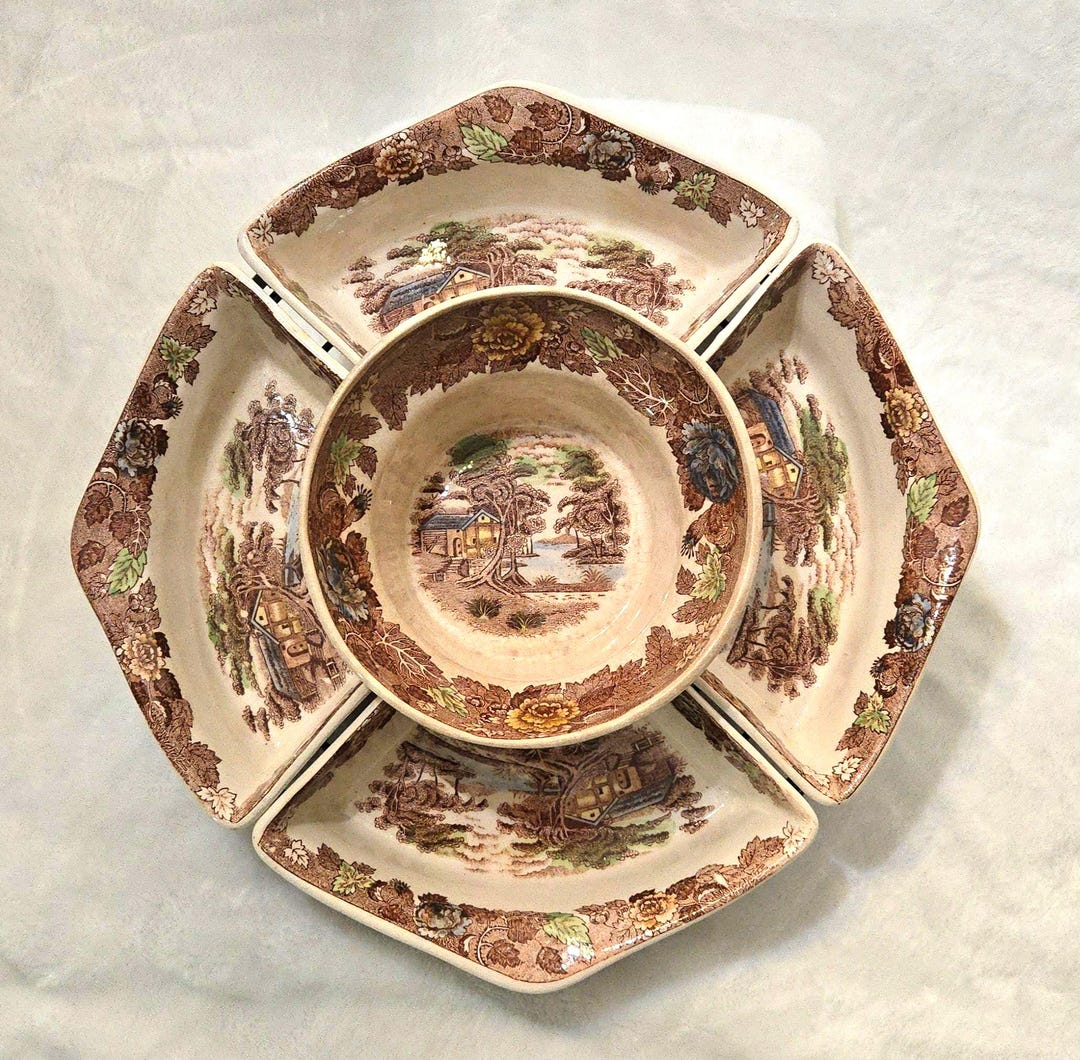Vintage Nasco Mountain Woodland Snack Set, Cottagecore Serving Dishes ...
