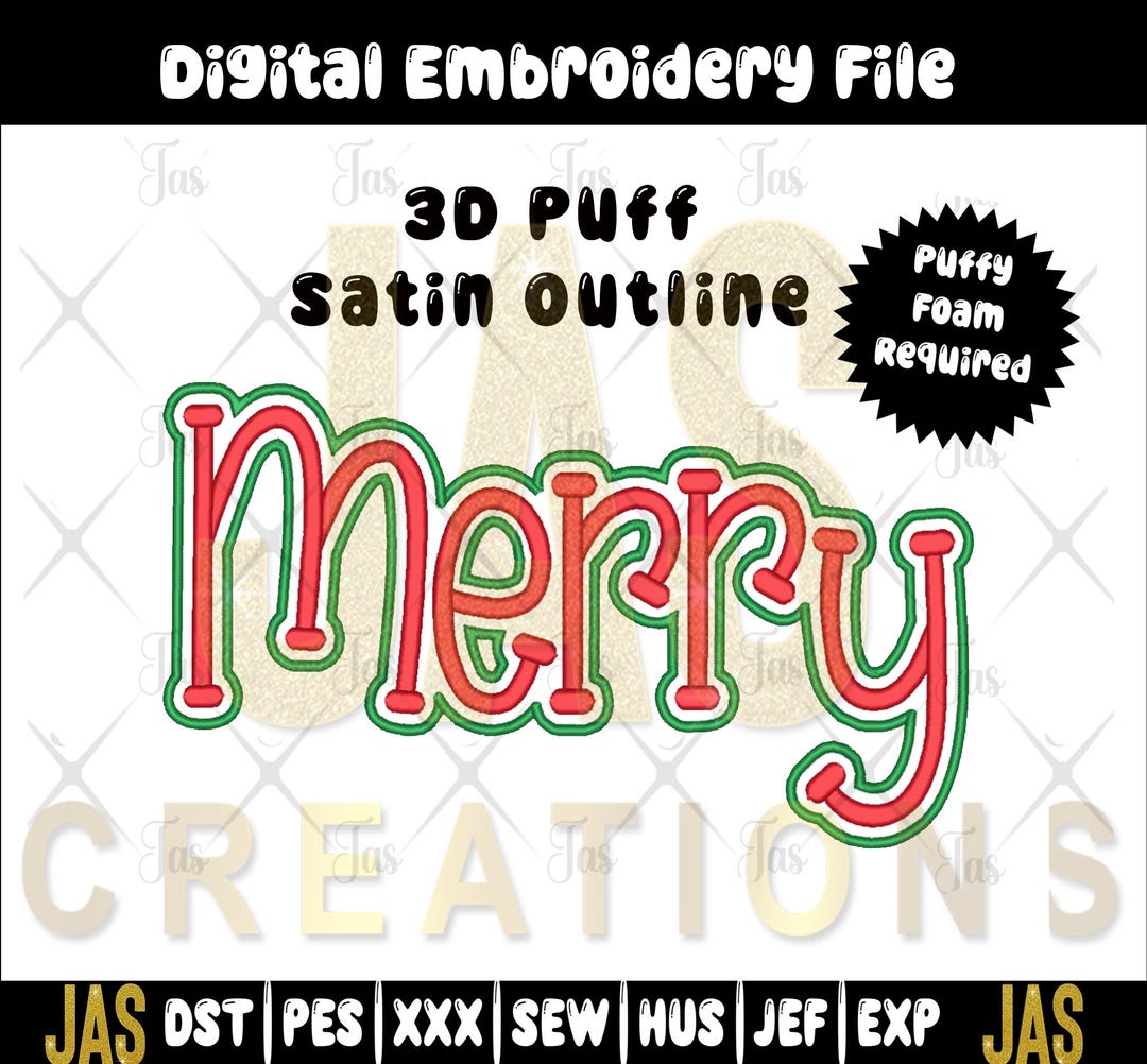 3D Puff Merry Embroidery File, Christmas Embroidery Design, Festive ...