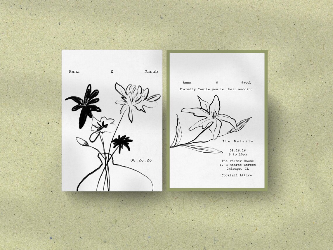 Hand-drawn Wedding Invitation Set With RSVP · Minimalist Floral Ink ...