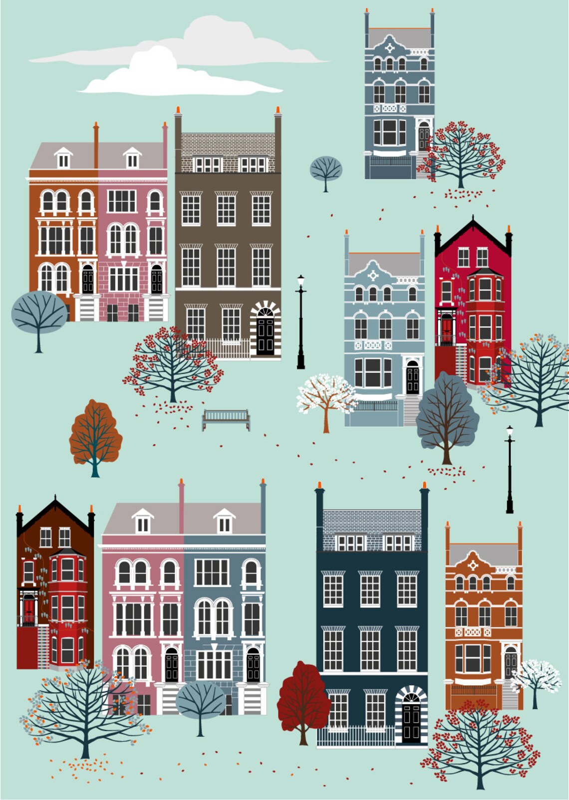 London Row Houses in Fall / Autumn Art Print Vintage Style - Etsy