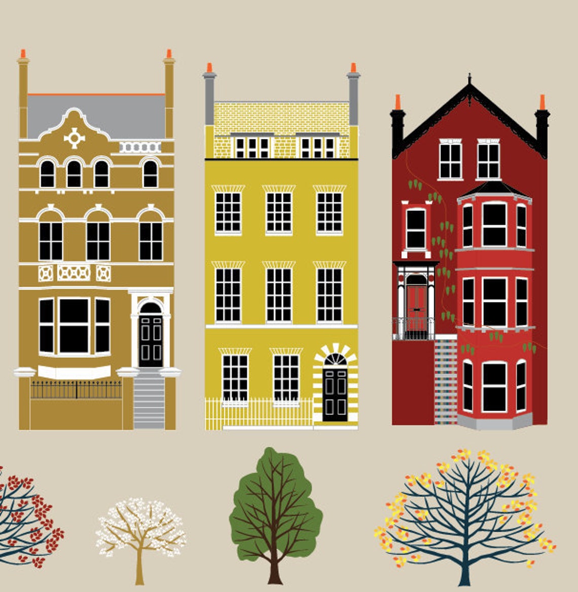 London Row Houses Art Print Autumn Fall Colours - Etsy