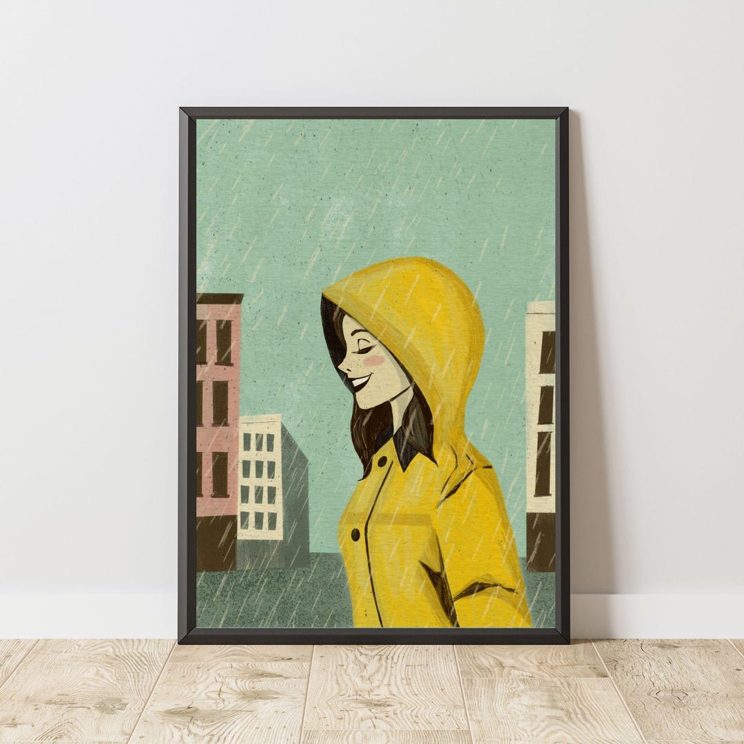 Rainy Day Poster – Girl in Yellow Raincoat Wall Art | Moody Urban Print ...