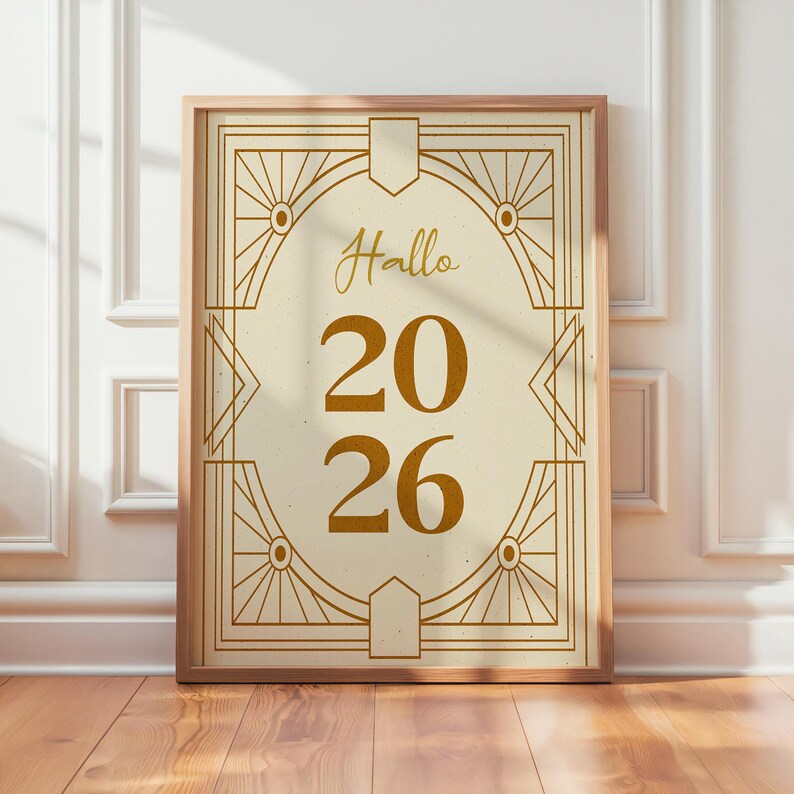Art Deco New Year Poster – Hallo 2026 Print | Elegant Minimal Wall Art ...
