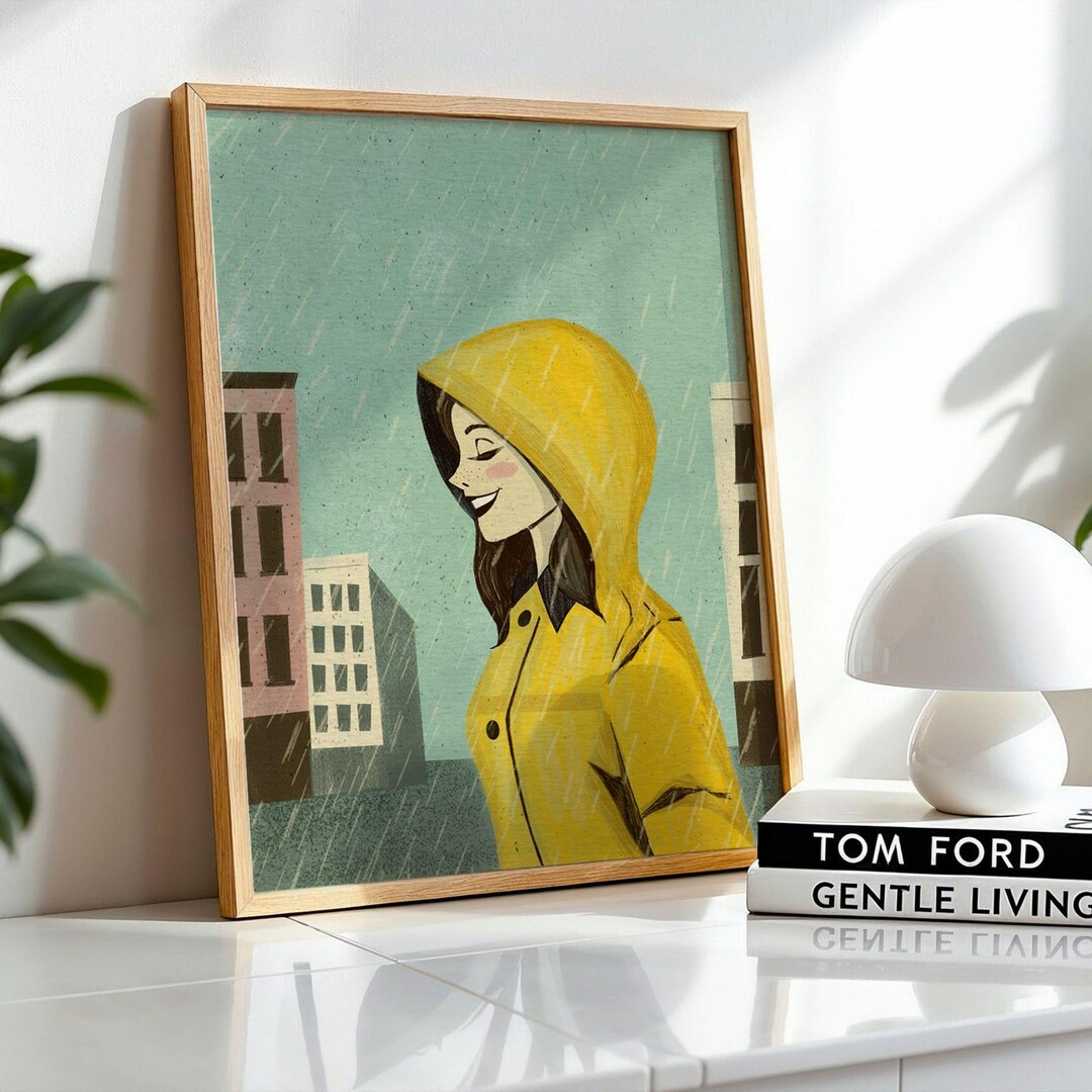 Rainy Day Woman Poster – Vintage Wall Art With Yellow Raincoat, Calm ...