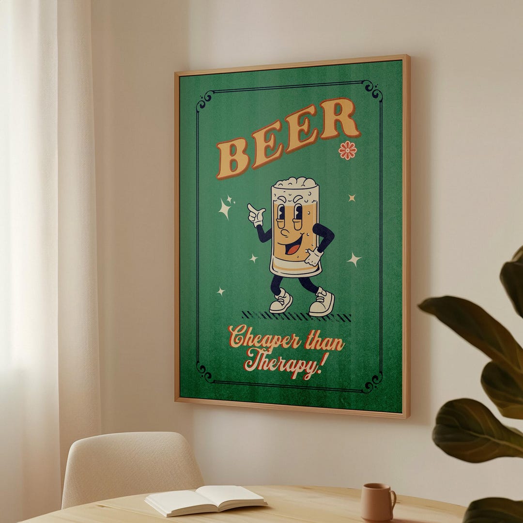Funny Beer Poster – Retro Bar Wall Art With Cartoon Pint and Quote ...