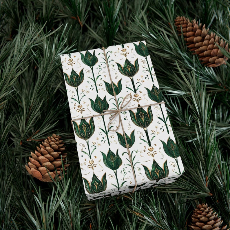 Wrapping Paper - Green and Gold Tulip Pattern, Eid, Gift Wrap Papers ...