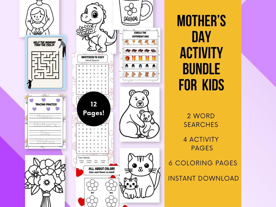 Mother's Day Kids Activity Pack, Printable Coloring Pages, Word ...